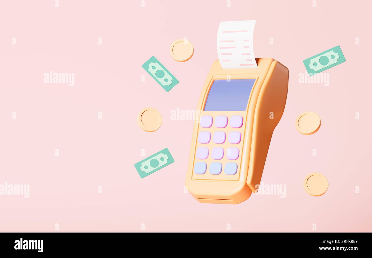 Cartoon pos machine and cash, 3d rendering. Digital drawing Stock Photo ...