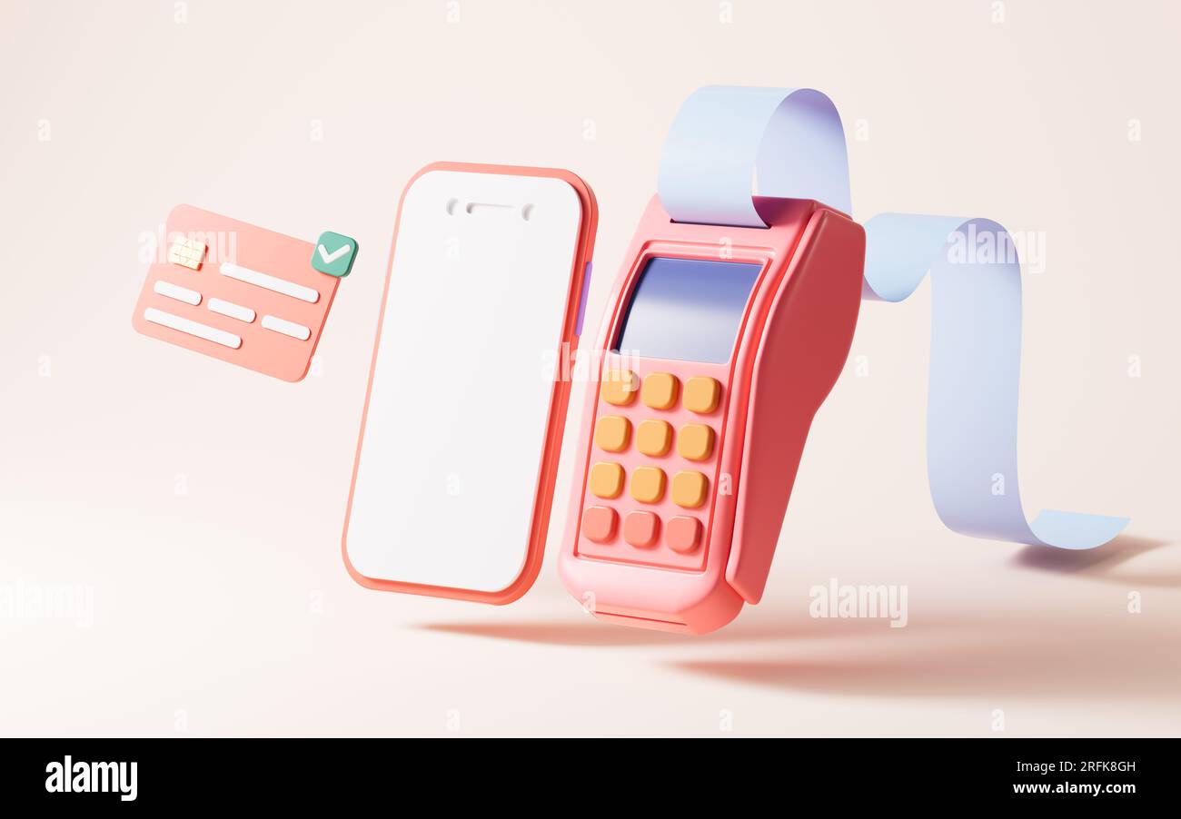 Cartoon pos machine and mobile phone, 3d rendering. Digital drawing ...