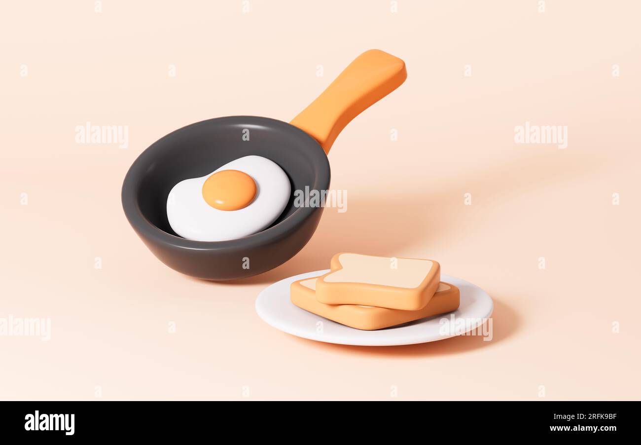 Cartoon kitchen pan and bread in the yellow background, 3d rendering ...
