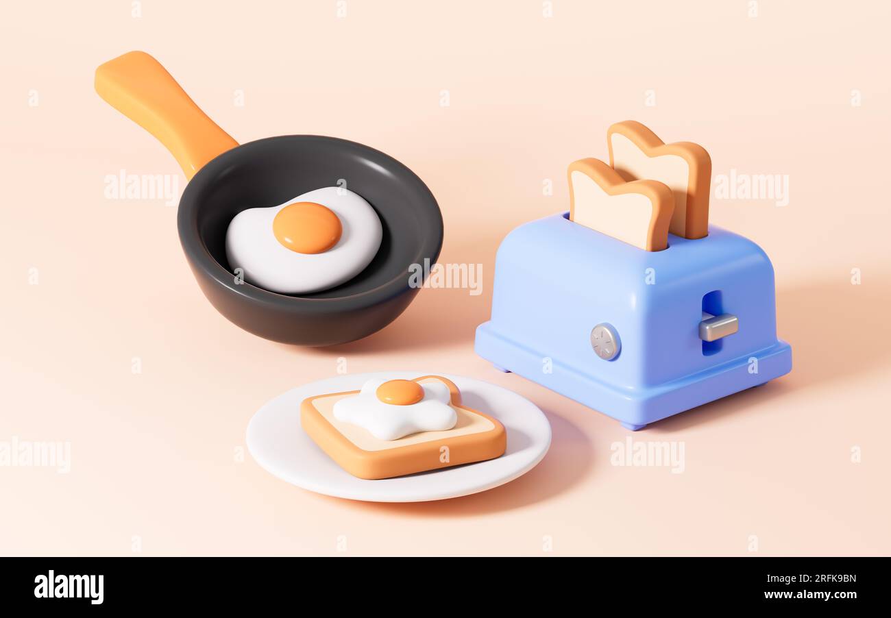 Cartoon kitchen pan and bread in the yellow background, 3d rendering ...