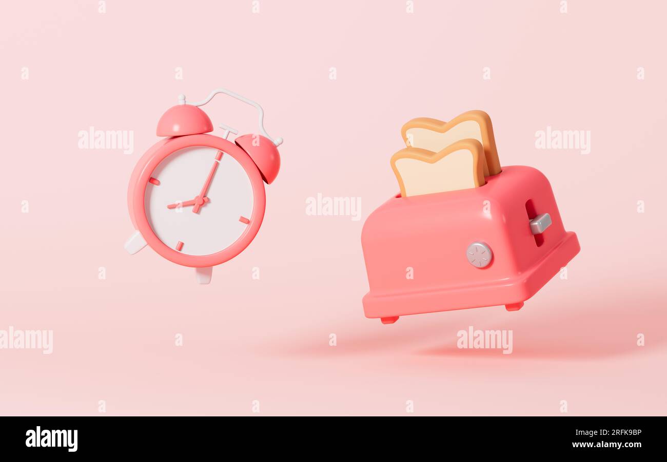 Cartoon toaster and alarm clock in the pink background, 3d rendering ...