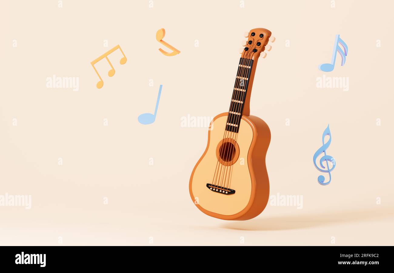 Cartoon guitar and notes in the yellow background, 3d rendering ...