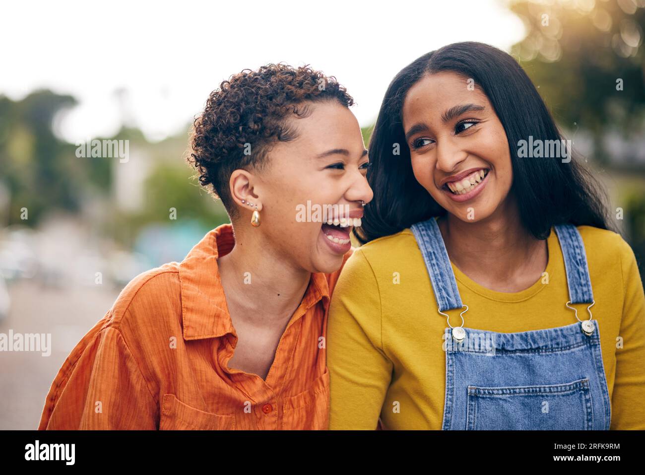 Happy, women and friends in park with laugh and funny joke with bonding ...