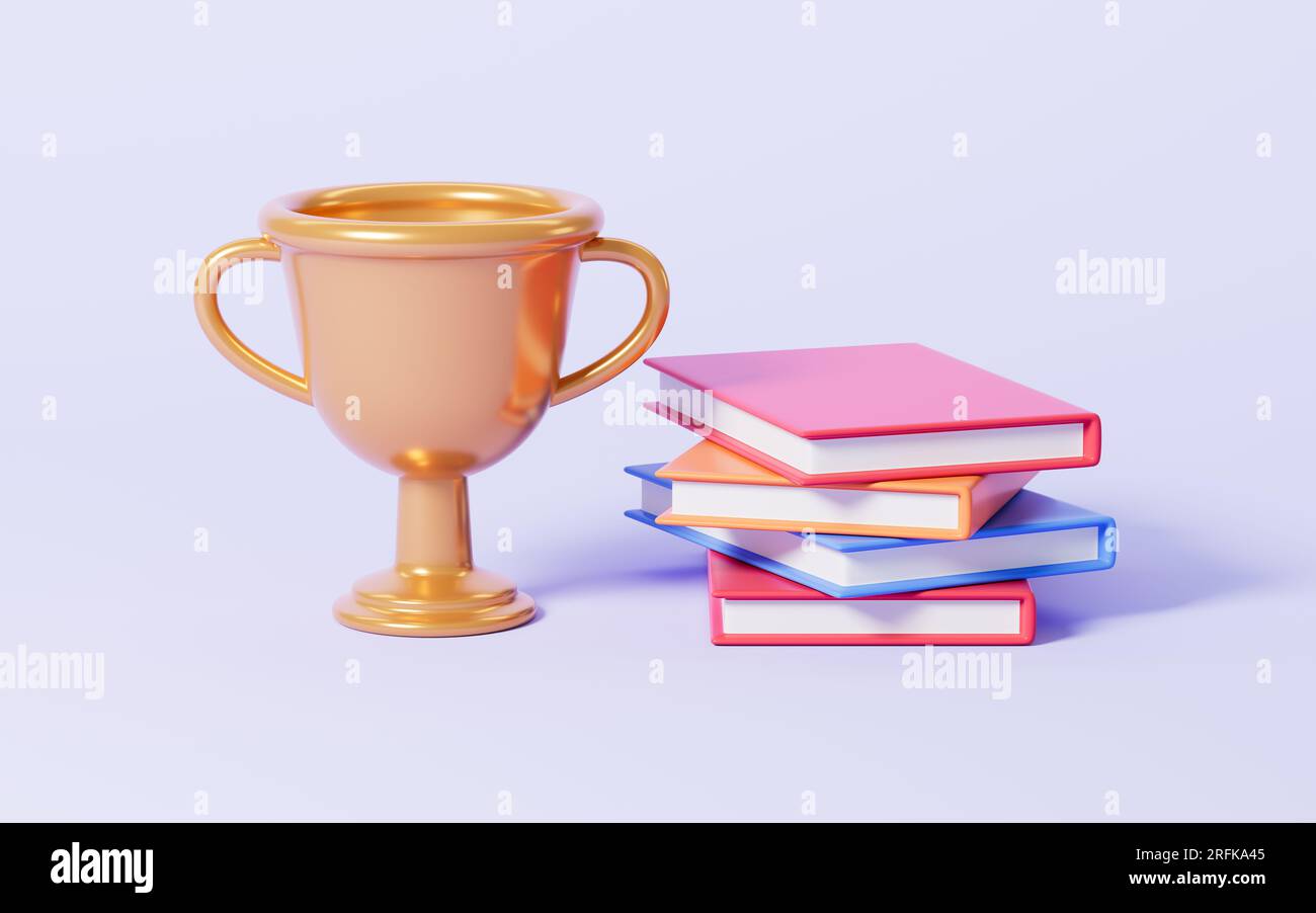 Cartoon trophy and books in the purple background, 3d rendering ...