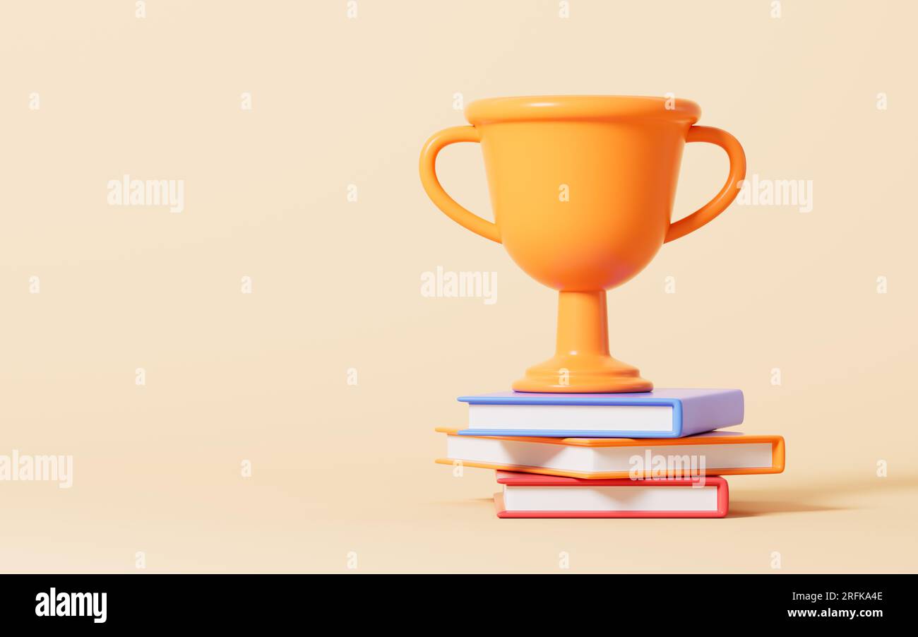 Cartoon trophy and books in the yellow background, 3d rendering ...