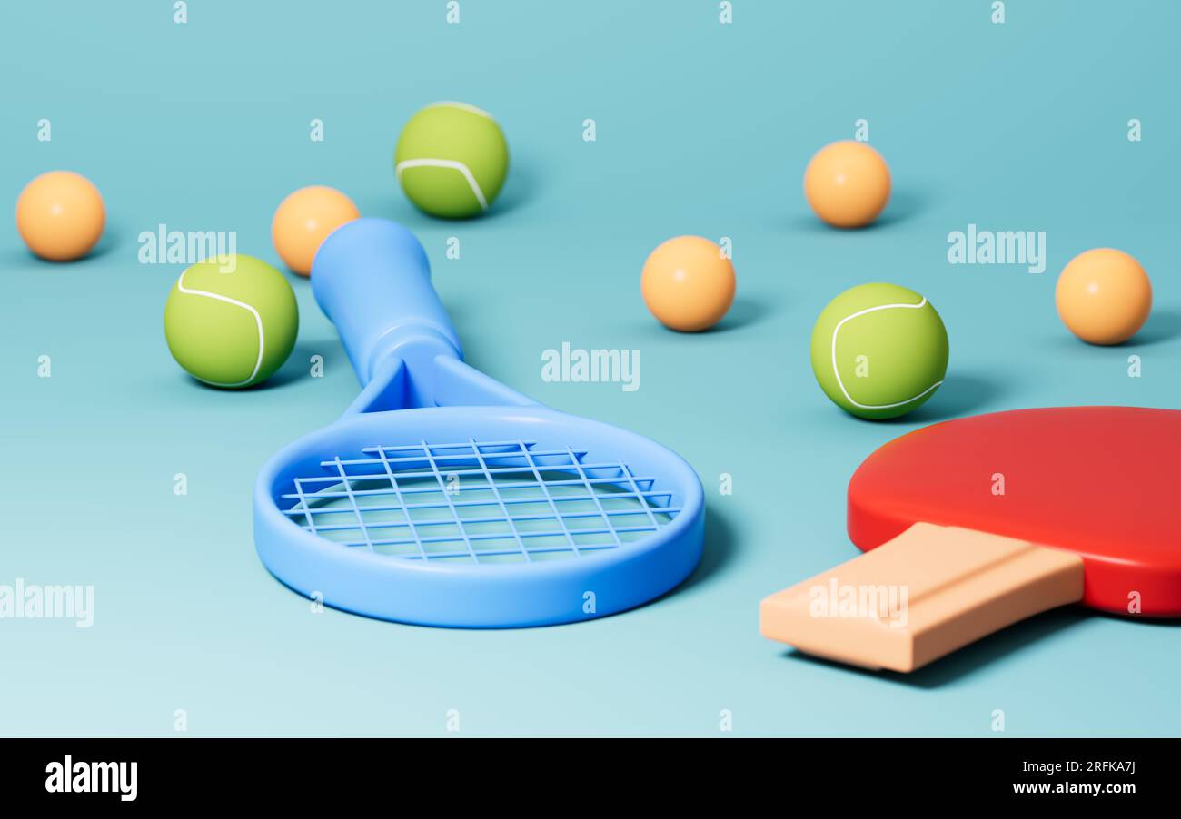 Cartoon tennis and ping-pang in the green background, 3d rendering ...