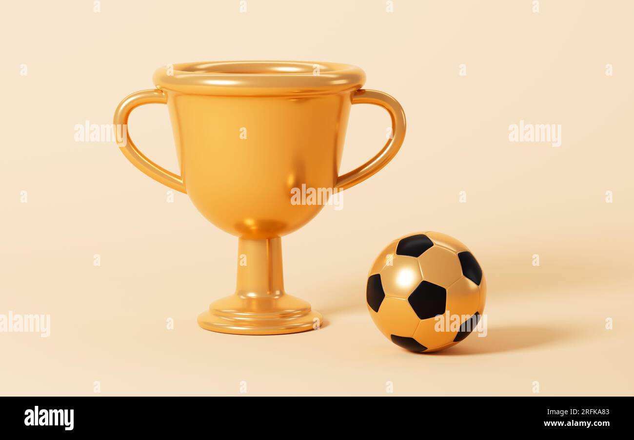 Cartoon football and trophy in the yellow background, 3d rendering ...