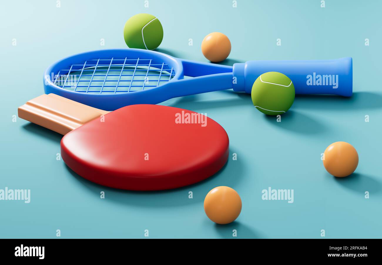 Cartoon tennis and ping-pang in the green background, 3d rendering ...