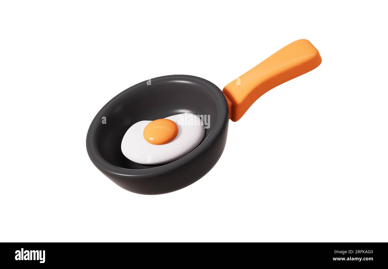 Cartoon kitchen pan and poached egg in the white background, 3d ...