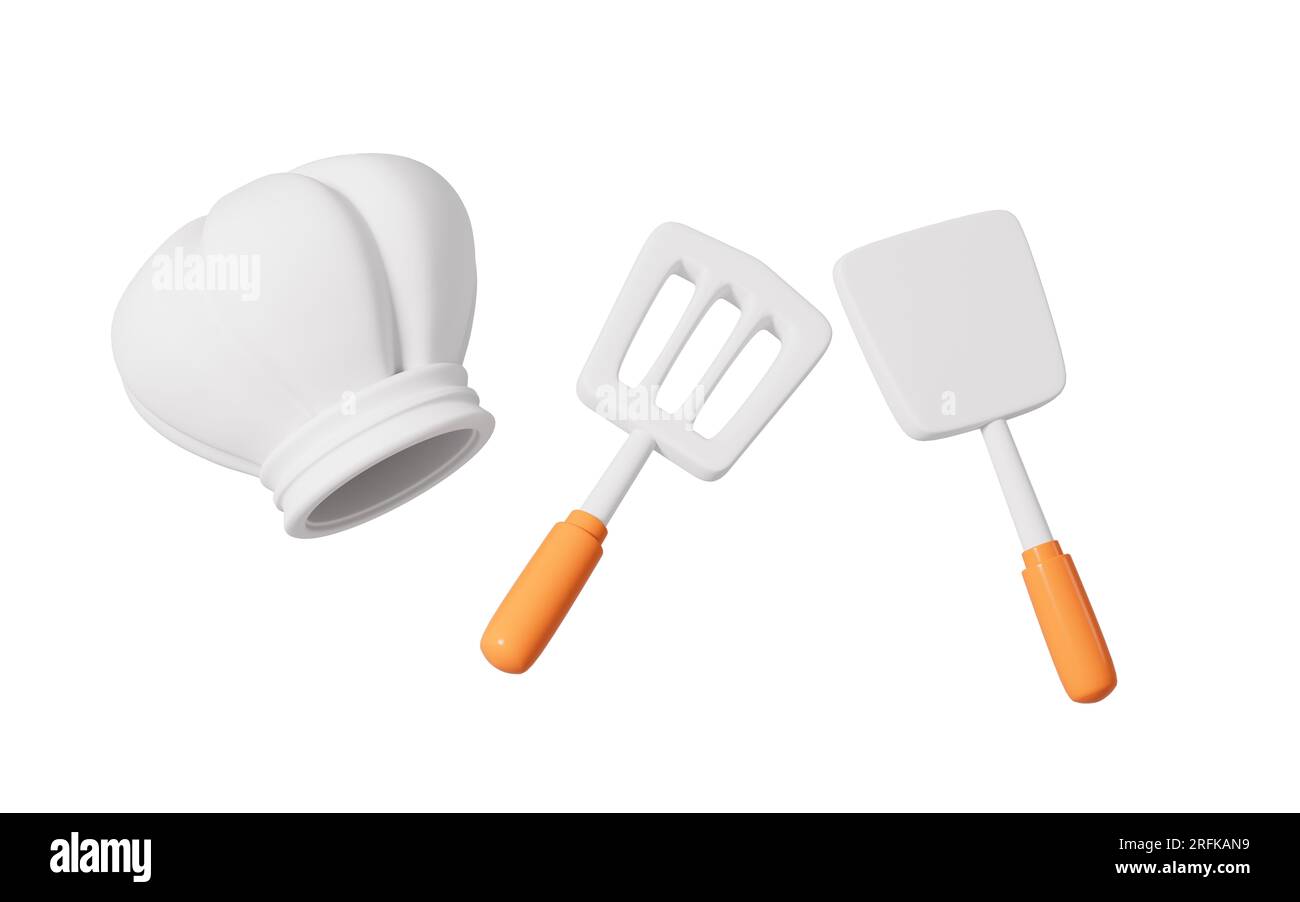 Cartoon cooking hat and scraper in the white background, 3d rendering ...