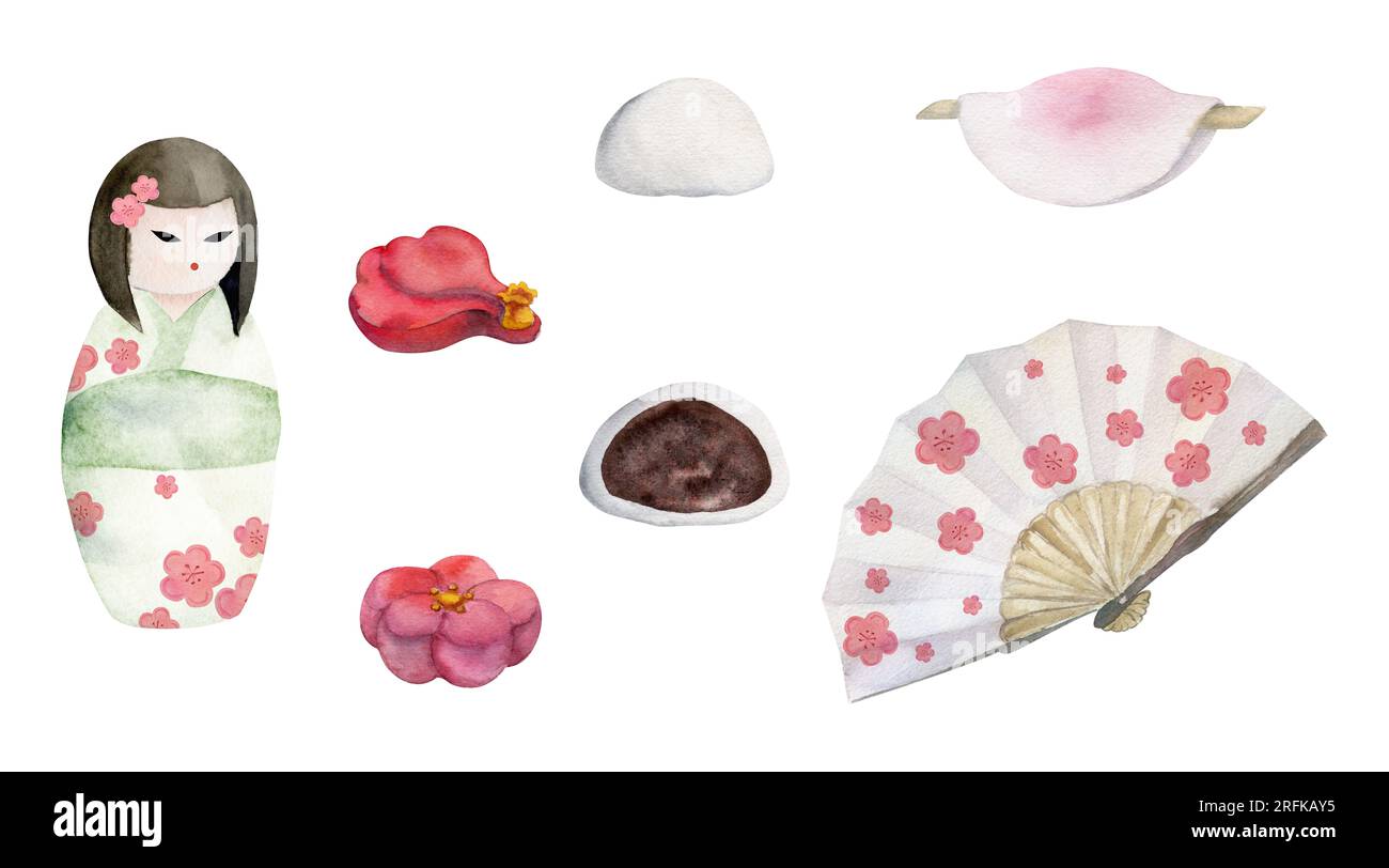 Watercolor hand drawn set of traditional Japanese sweets. Winter ...