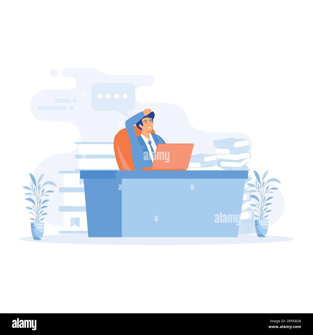 deadline concept, Manager sitting at computer desk with stack of ...