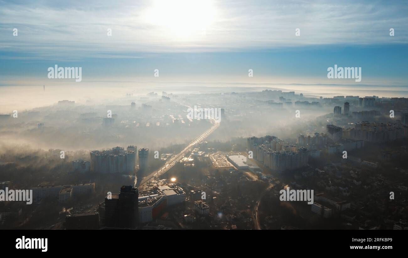 Aerial drone view of Chisinau in the morning, Moldova. View of city ...