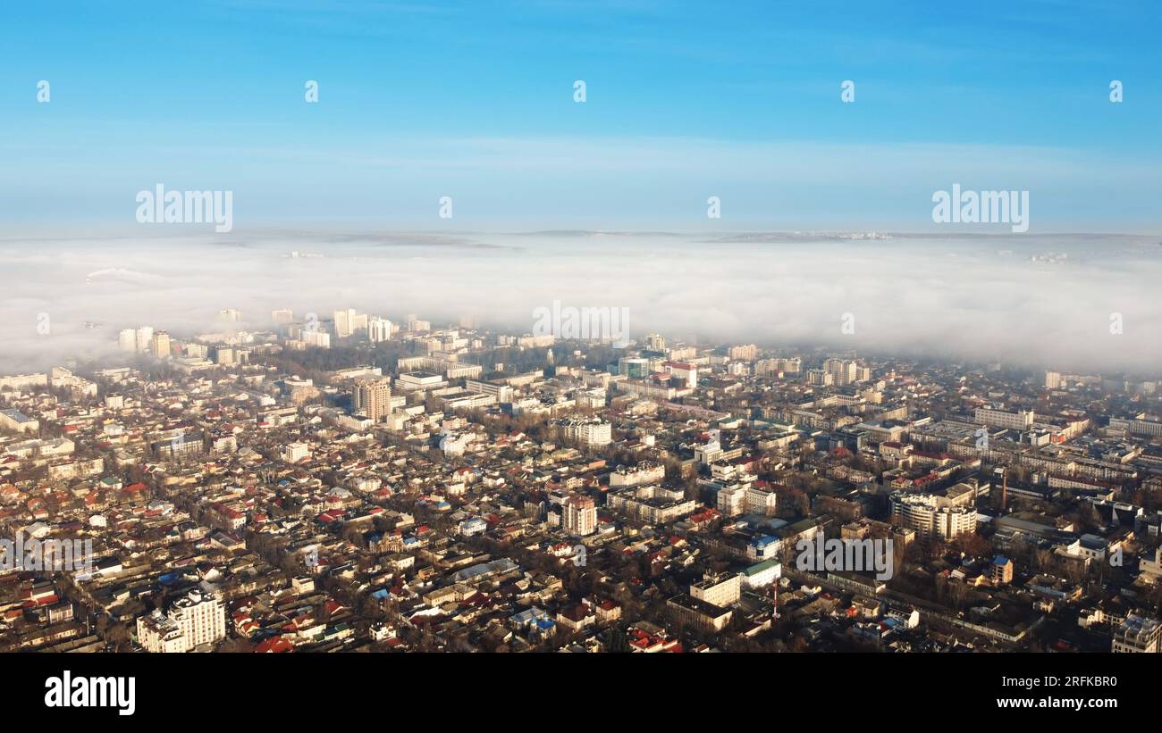 Aerial drone view of Chisinau in the morning, Moldova. View of the city ...