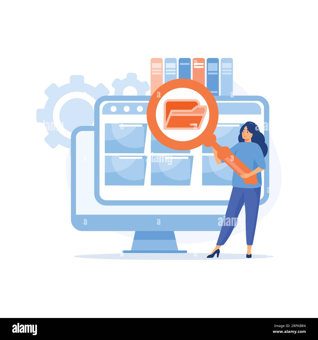 File manager and data storage, Employees searching and indexing file documents, flat vector ...