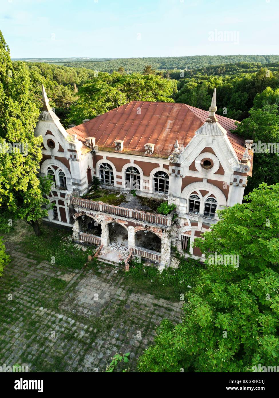 Drone view of the Pommer Mansion in Taul, Moldova. Old abandoned ...