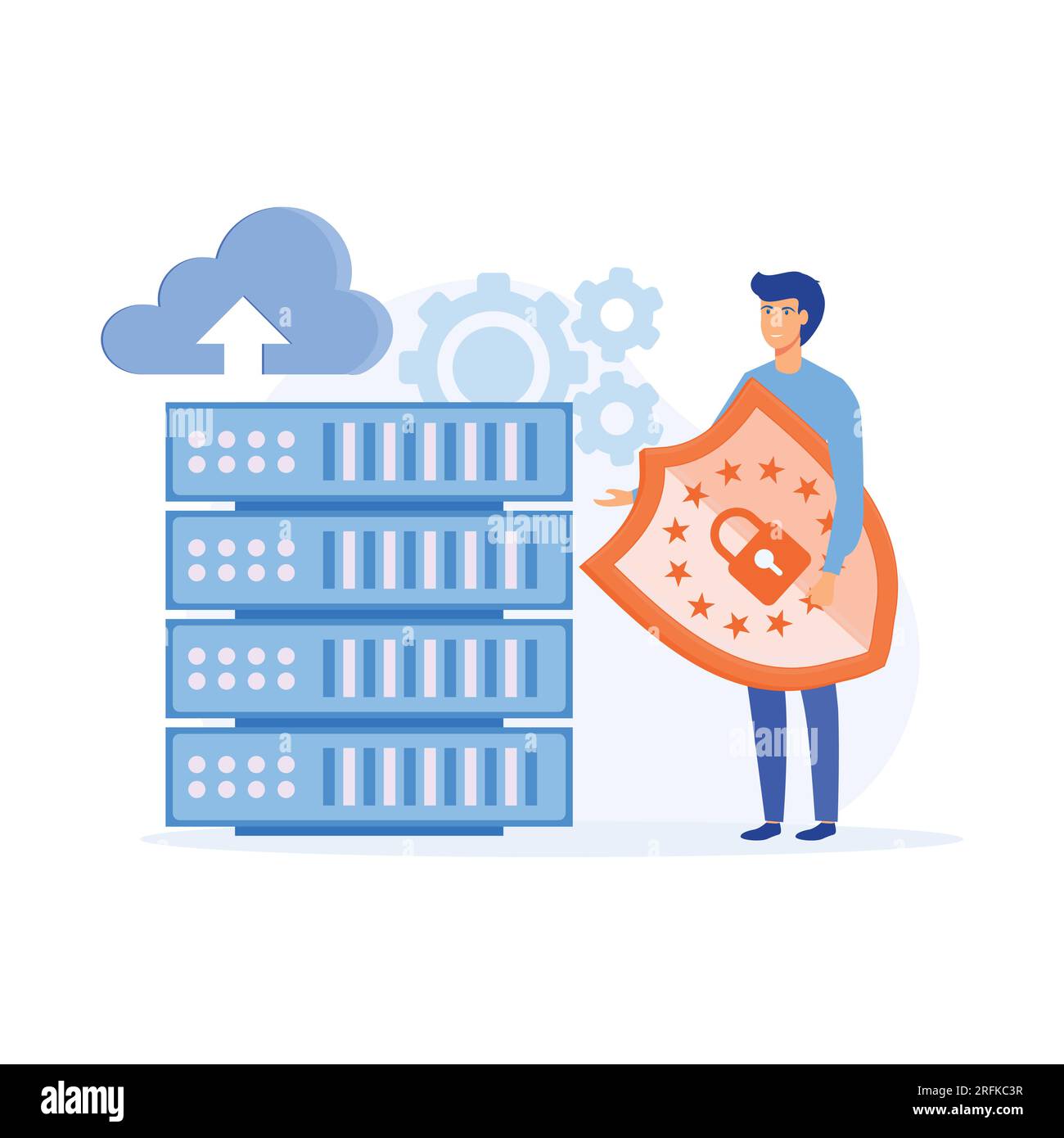Concept of secured database, Man holding shield and server or hard disks, flat vector modern ...