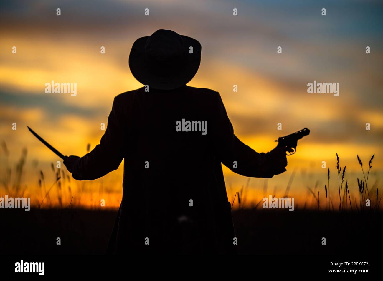 Silhouette of a demon and vampire hunter with a dramatic sky in the ...