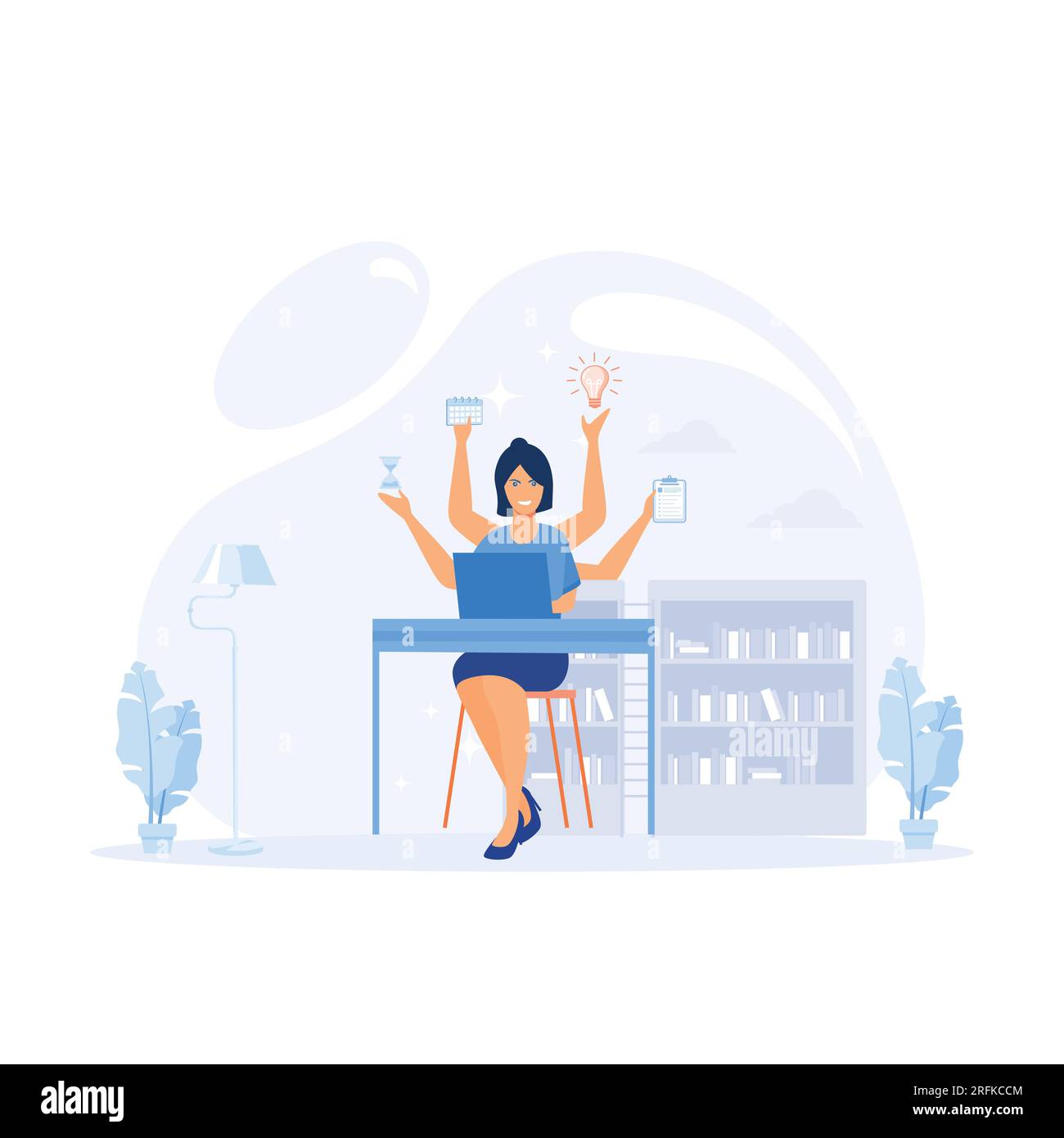 Time Management, Woman in Workplace with Multitasking Work, flat vector ...
