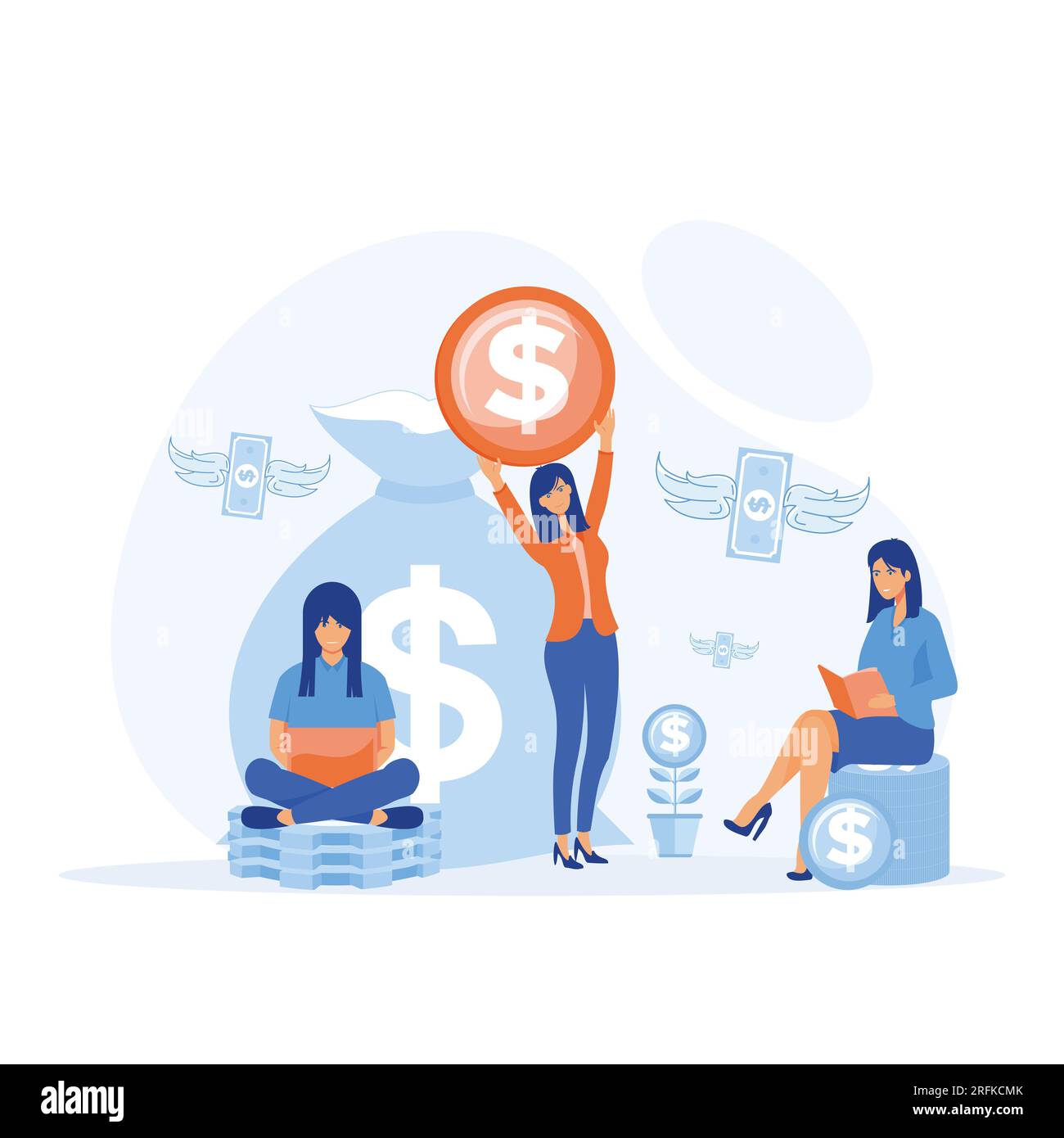 modern financial education, female student with money around them, flat ...