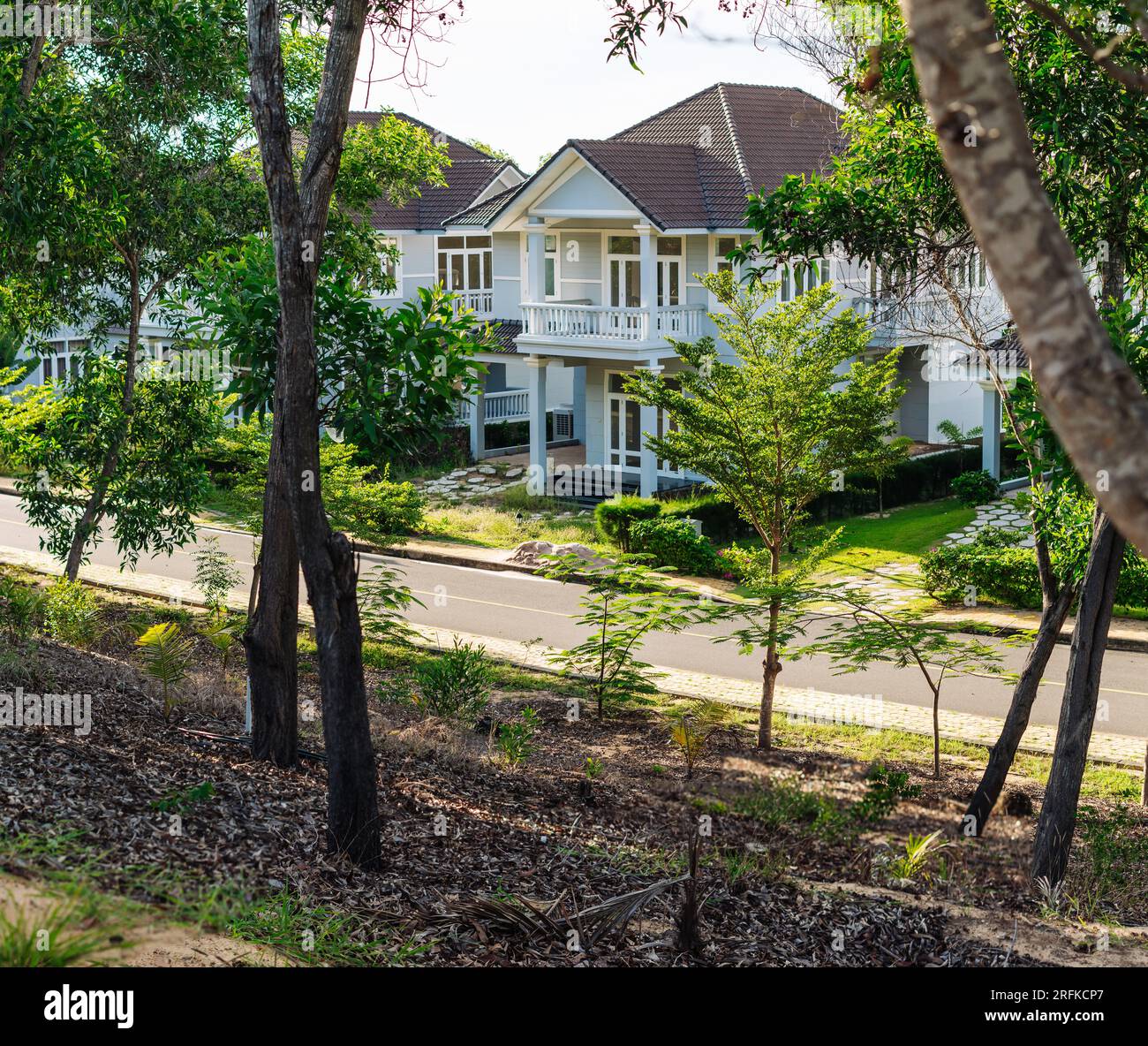 Modern cottages row road sidewalk two story buildings residential ...