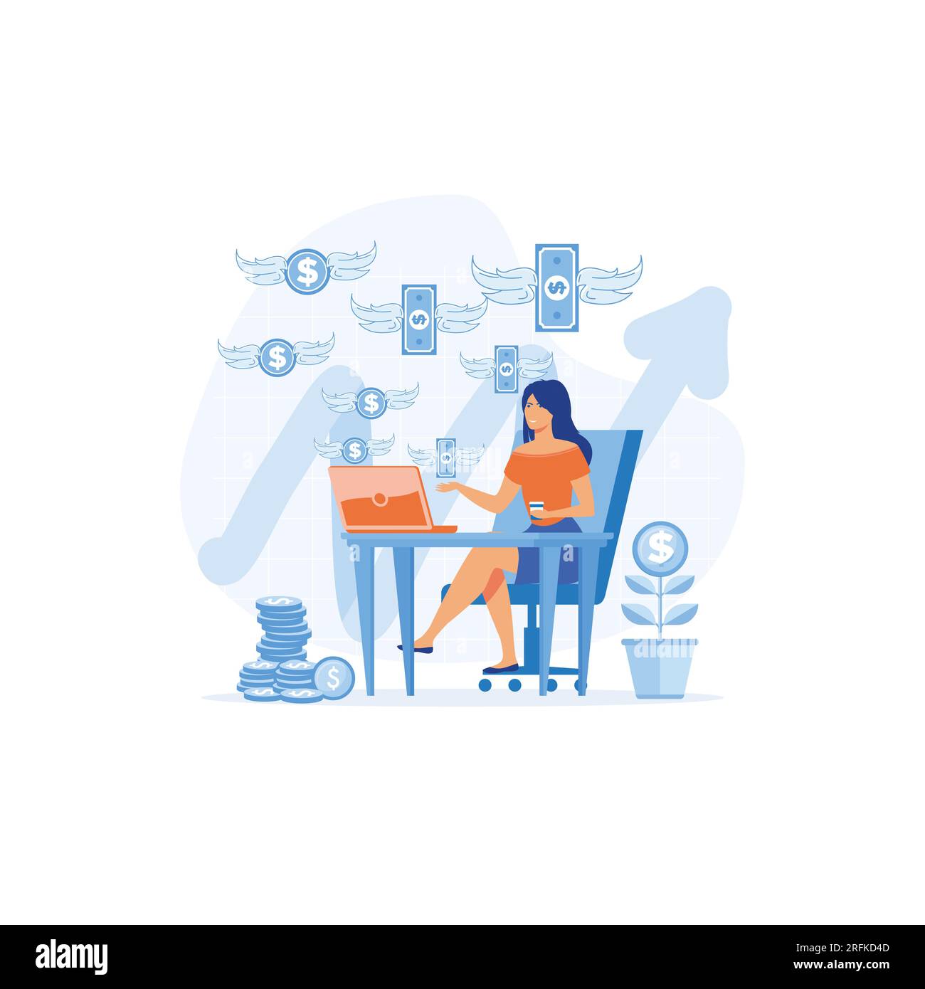 Passive income, woman relaxing in front of computer while money raining ...