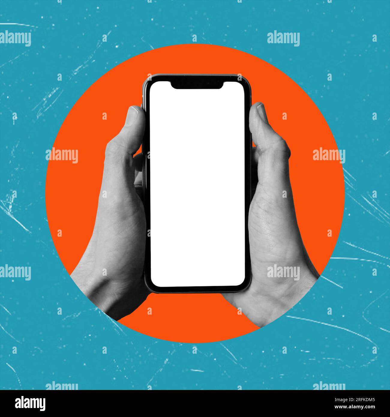 Cell phone with white screen in hand, and orange circle and blue ...