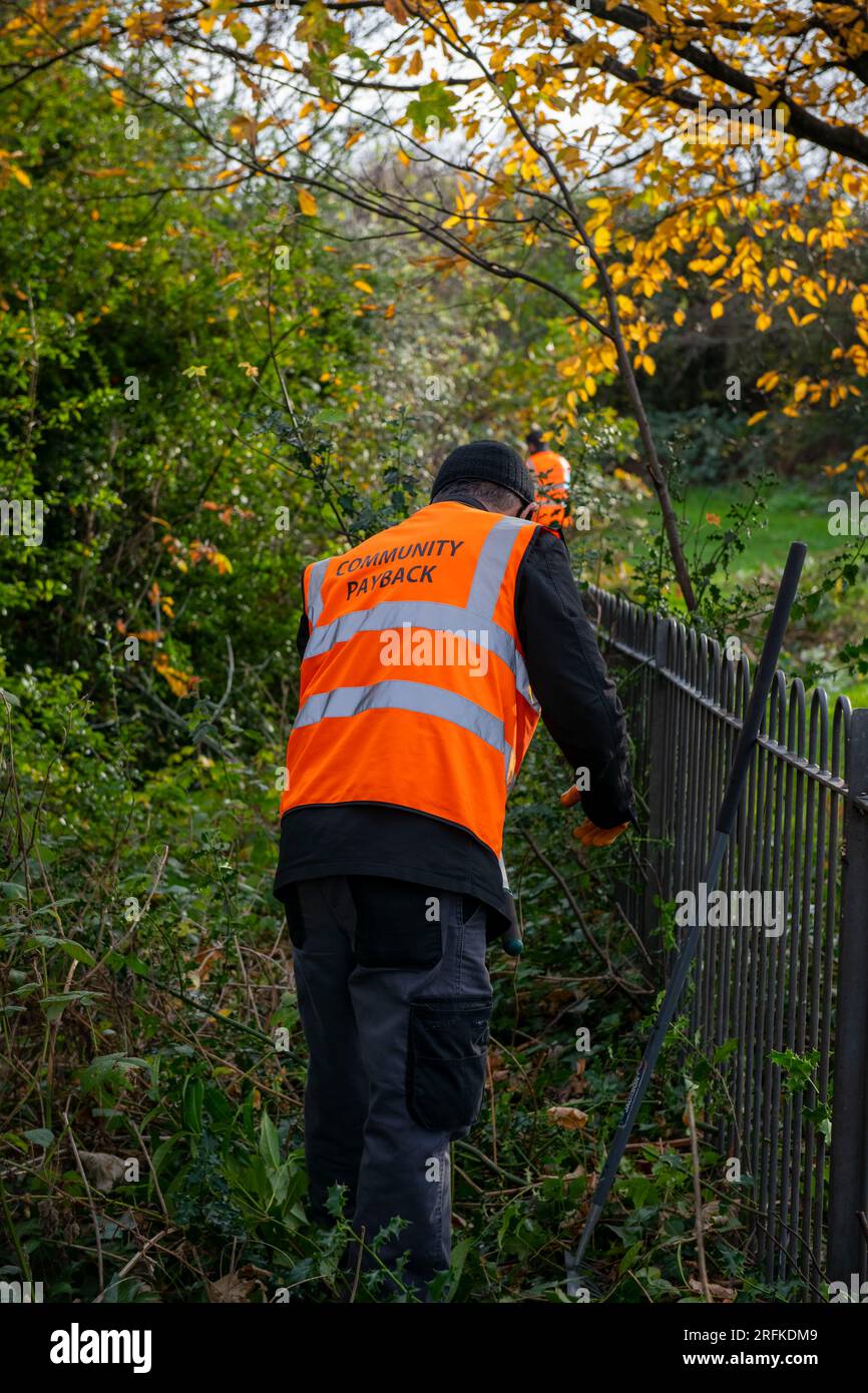 A community payback group are clearing an overgrown piece of land Stock ...