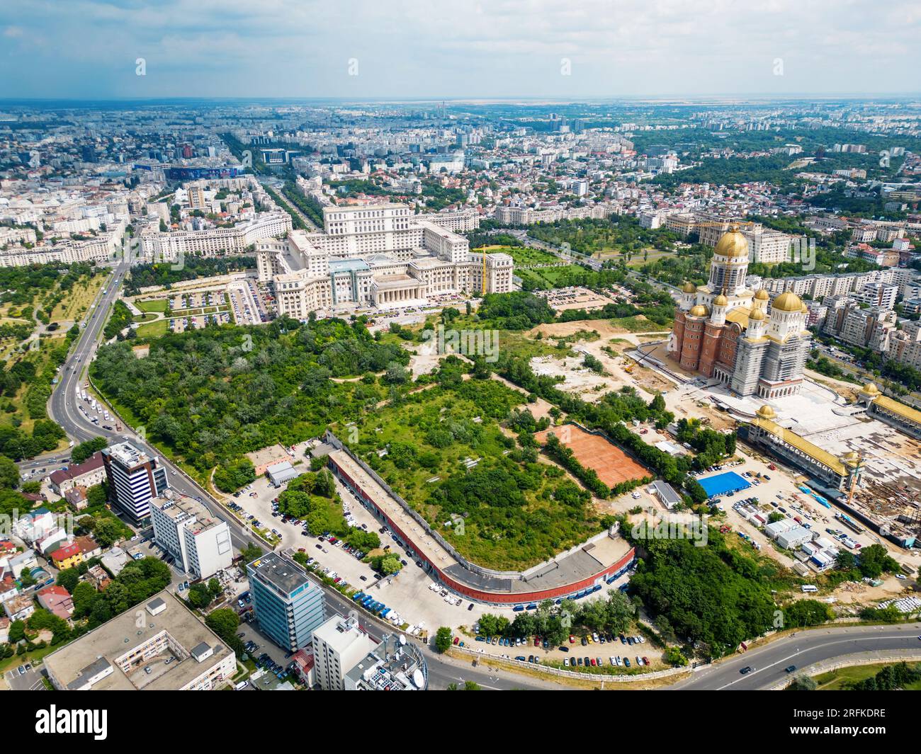 Aerial drone view of Bucharest, Romania. City downtown with Palace of ...