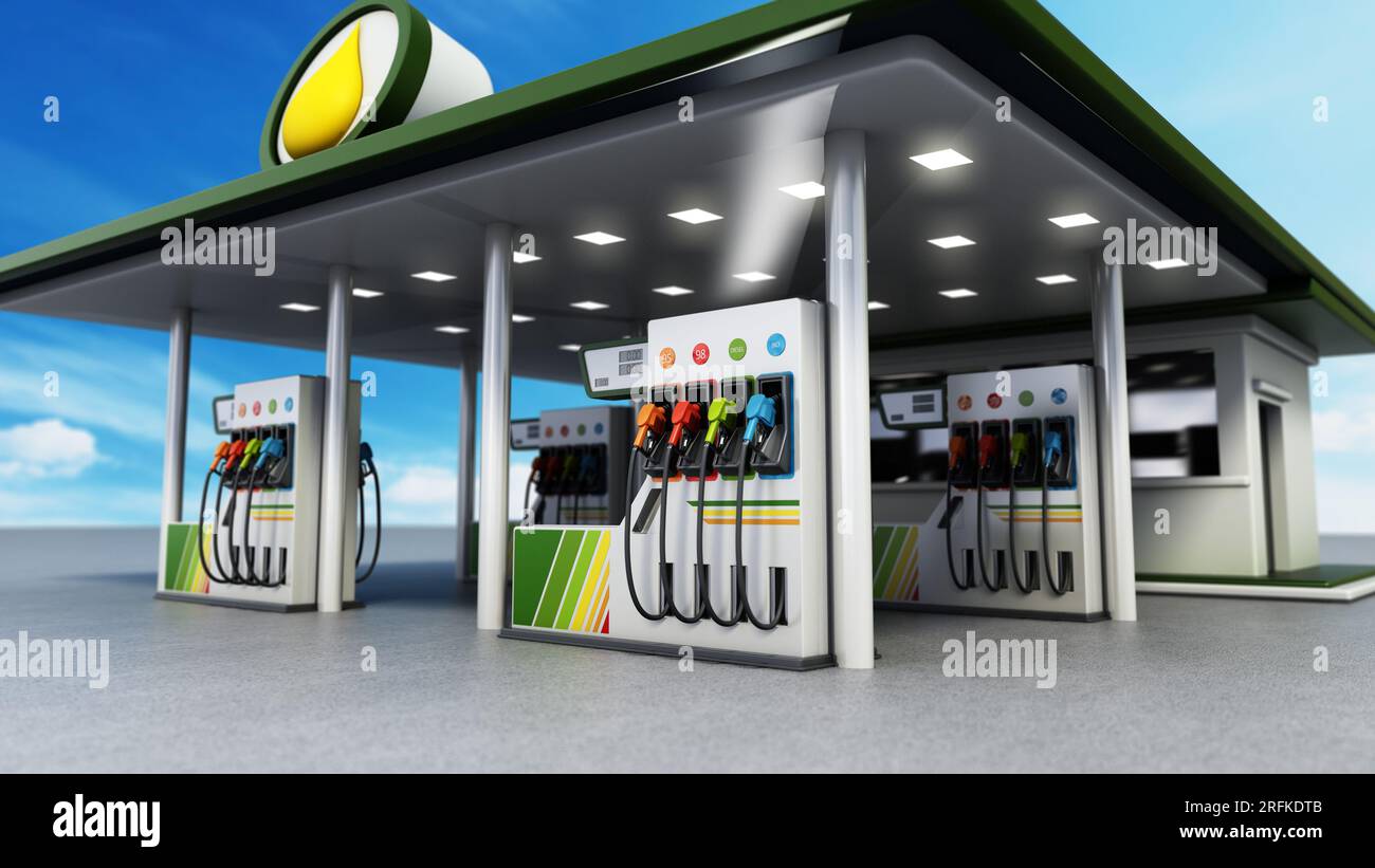 Gas station with rows of fuel pumps 3D illustration Stock Photo - Alamy