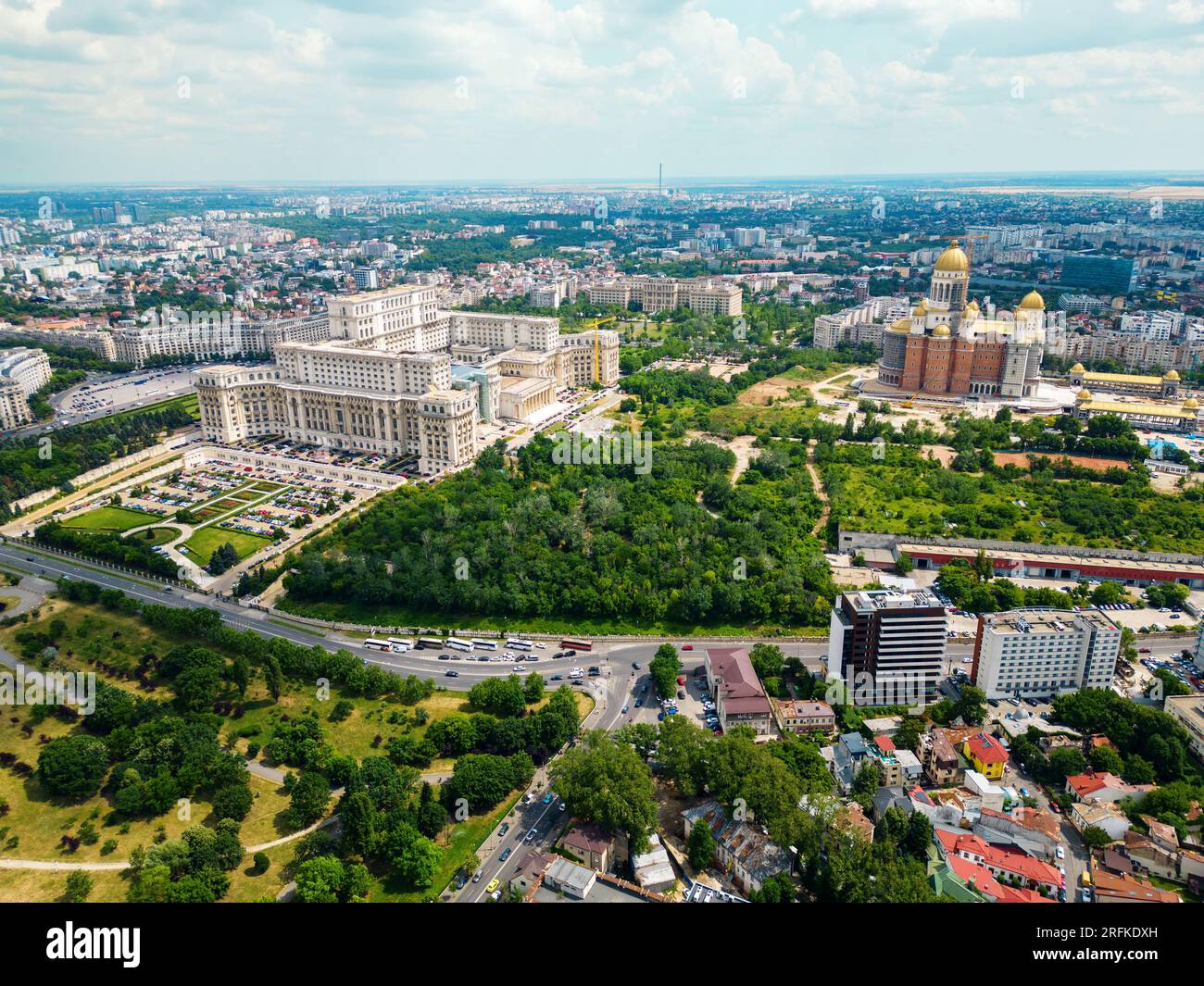 Aerial drone view of Bucharest, Romania. City downtown with Palace of ...