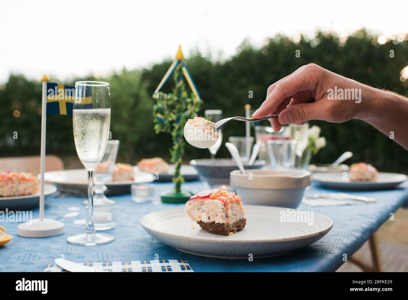 Traditional swedish food on a table at midsummer party in Sweden Stock ...