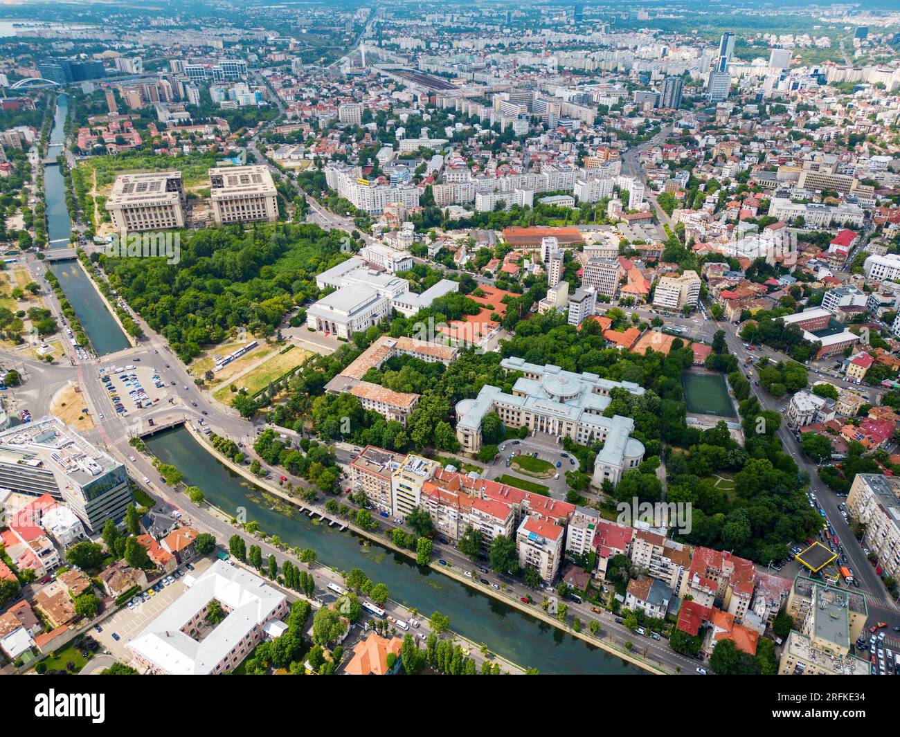 Aerial drone view of Bucharest, Romania. City downtown with water ...