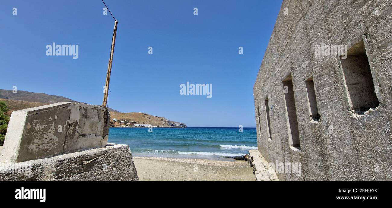 Concrete building on the seaside, Chora, Andros island, Greece ...