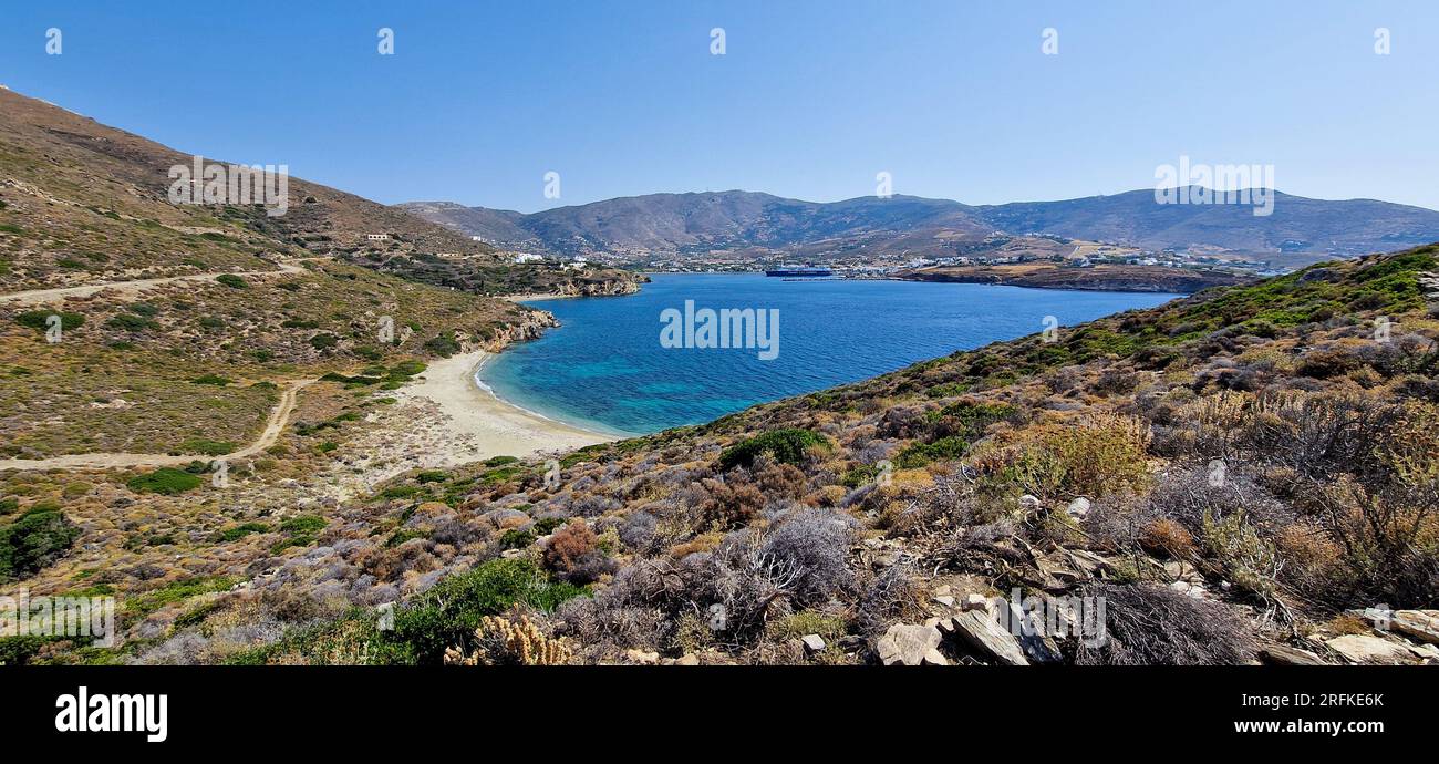 General view of Gavrio bay, Andros island, Greece, Southern Europe ...
