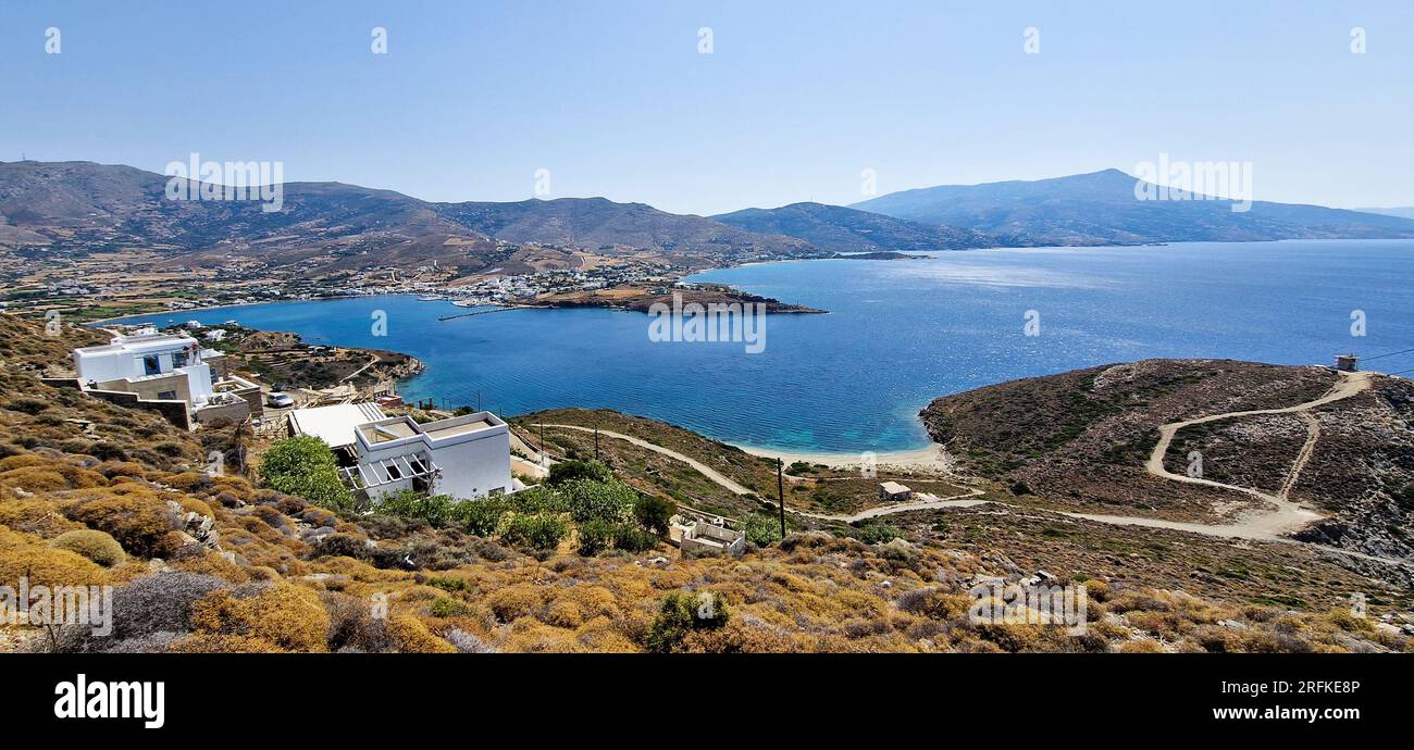 General view of Gavrio bay, Andros island, Greece, Southern Europe ...