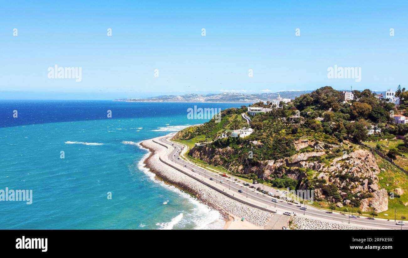 Aerial drone view of Tangier, Morocco. Strait of Gibraltar coastline ...