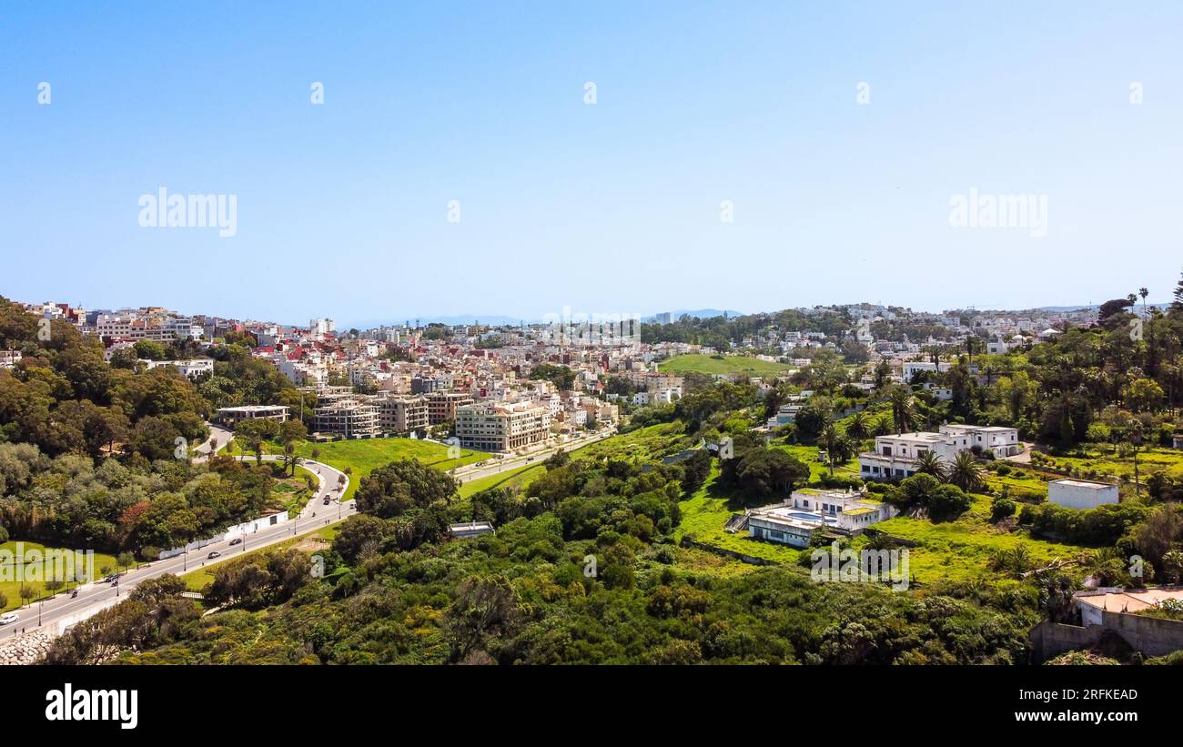 Aerial drone view of Tangier, Morocco. Hills with residential buildings ...