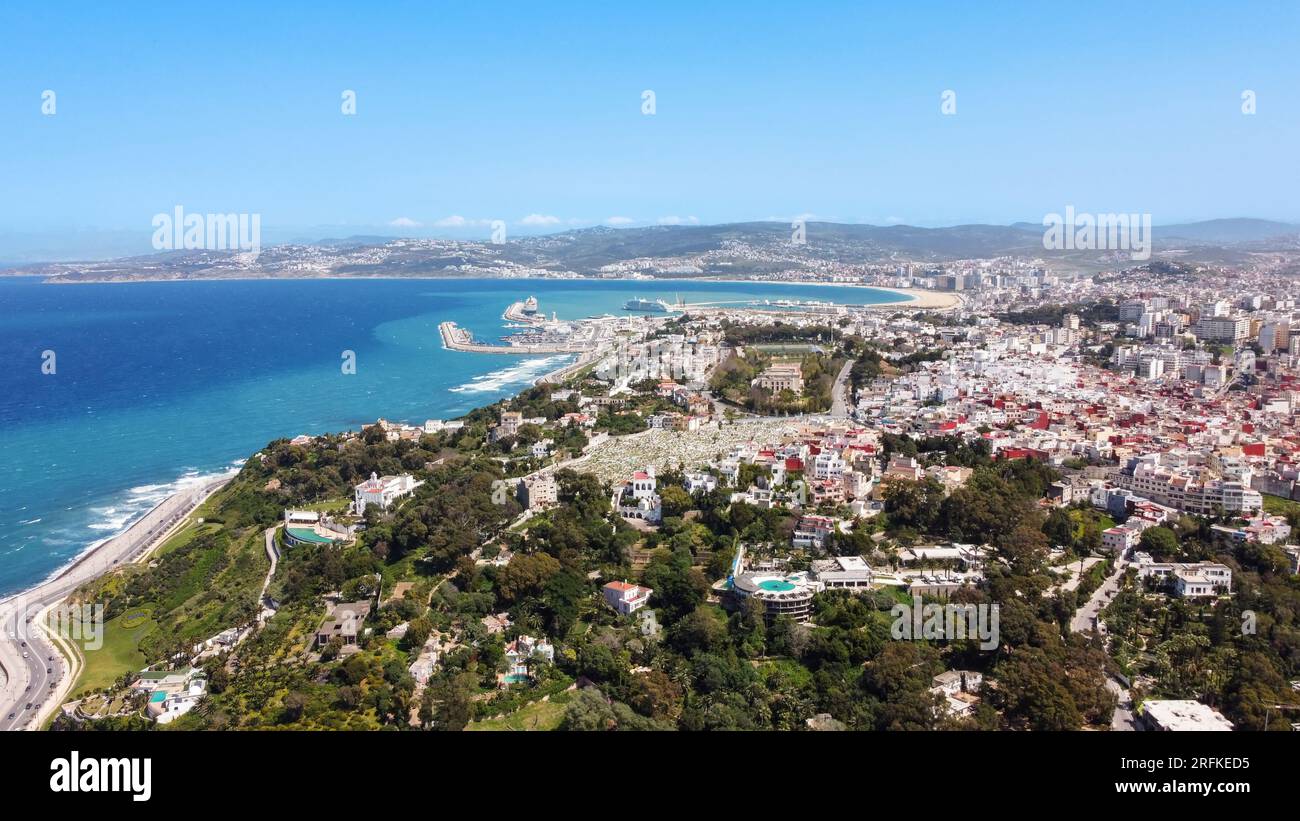 Aerial drone view of Tangier, Morocco. Strait of Gibraltar coastline ...