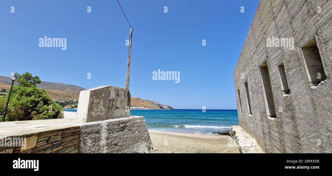 Concrete building on the seaside, Chora, Andros island, Greece ...