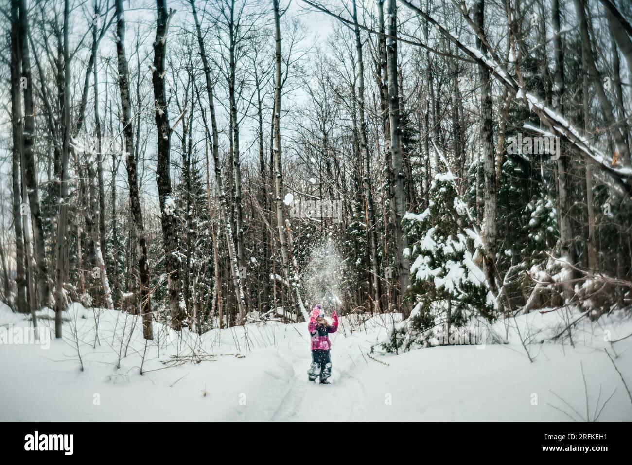 8 years old girl throwing snow in the air in a winter forest scene ...