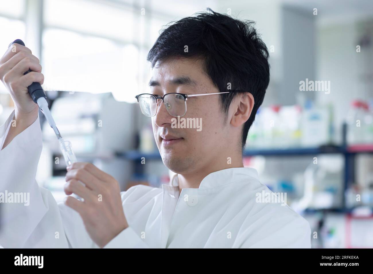 young scientist male chinese pipetting in laboratory Stock Photo - Alamy