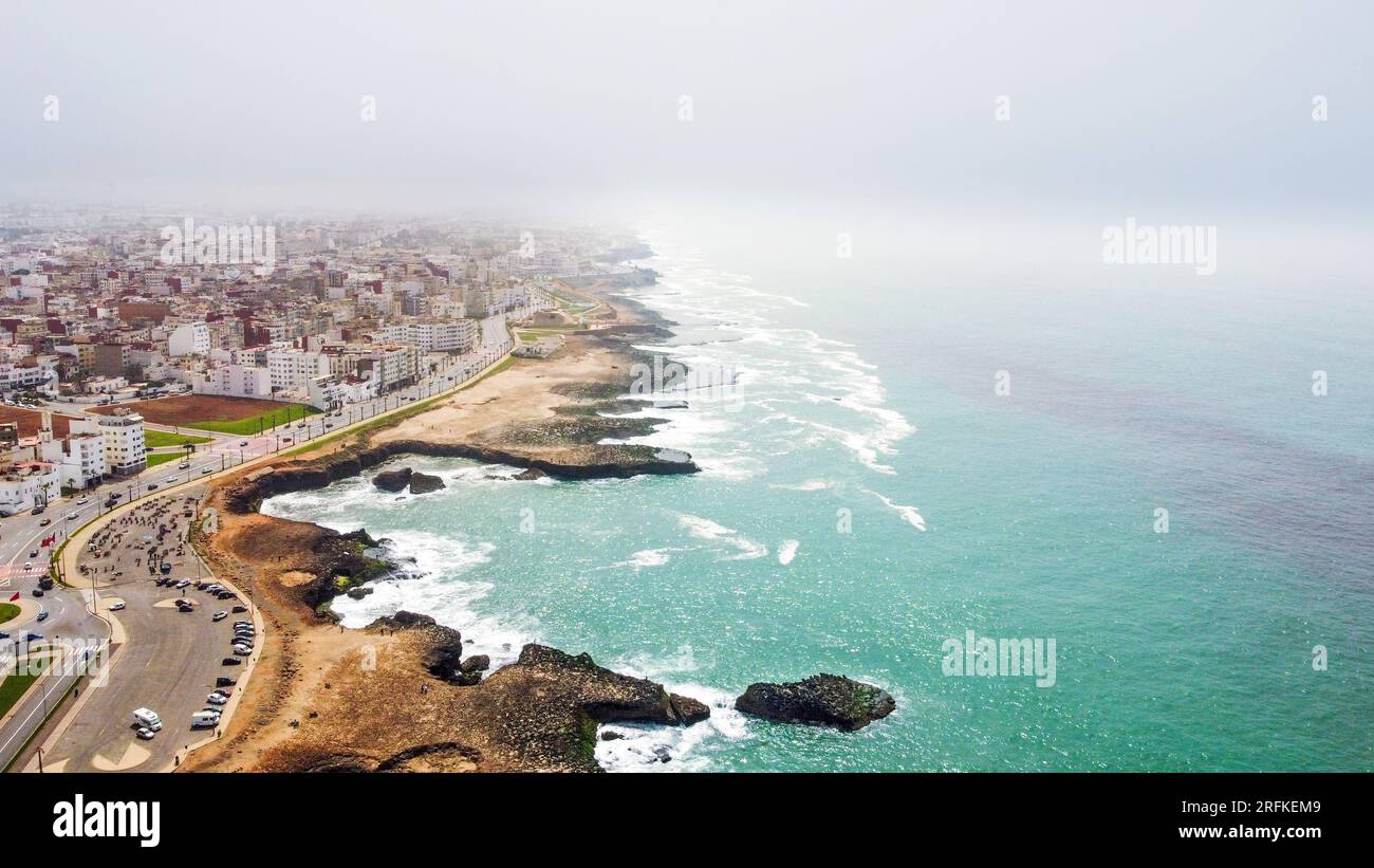 Aerial drone view of Rabat, Morocco. Atlantic ocean rocky coastline ...