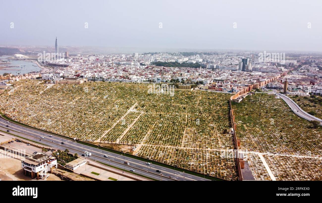 Aerial drone view of Rabat, Morocco. Martyr cemetery located on the ...