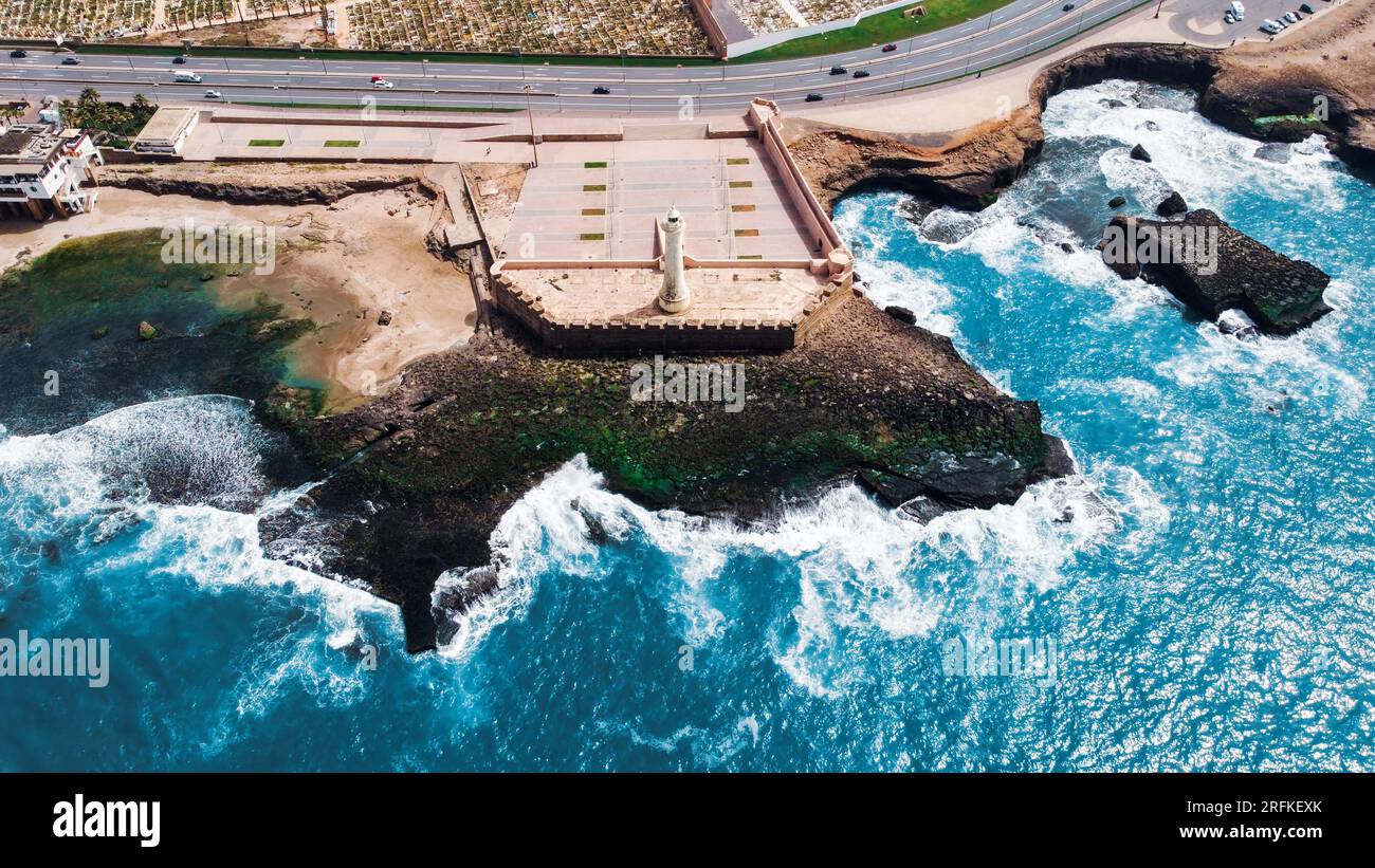 Aerial drone view of Rabat, Morocco. Atlantic ocean rocky coastline ...