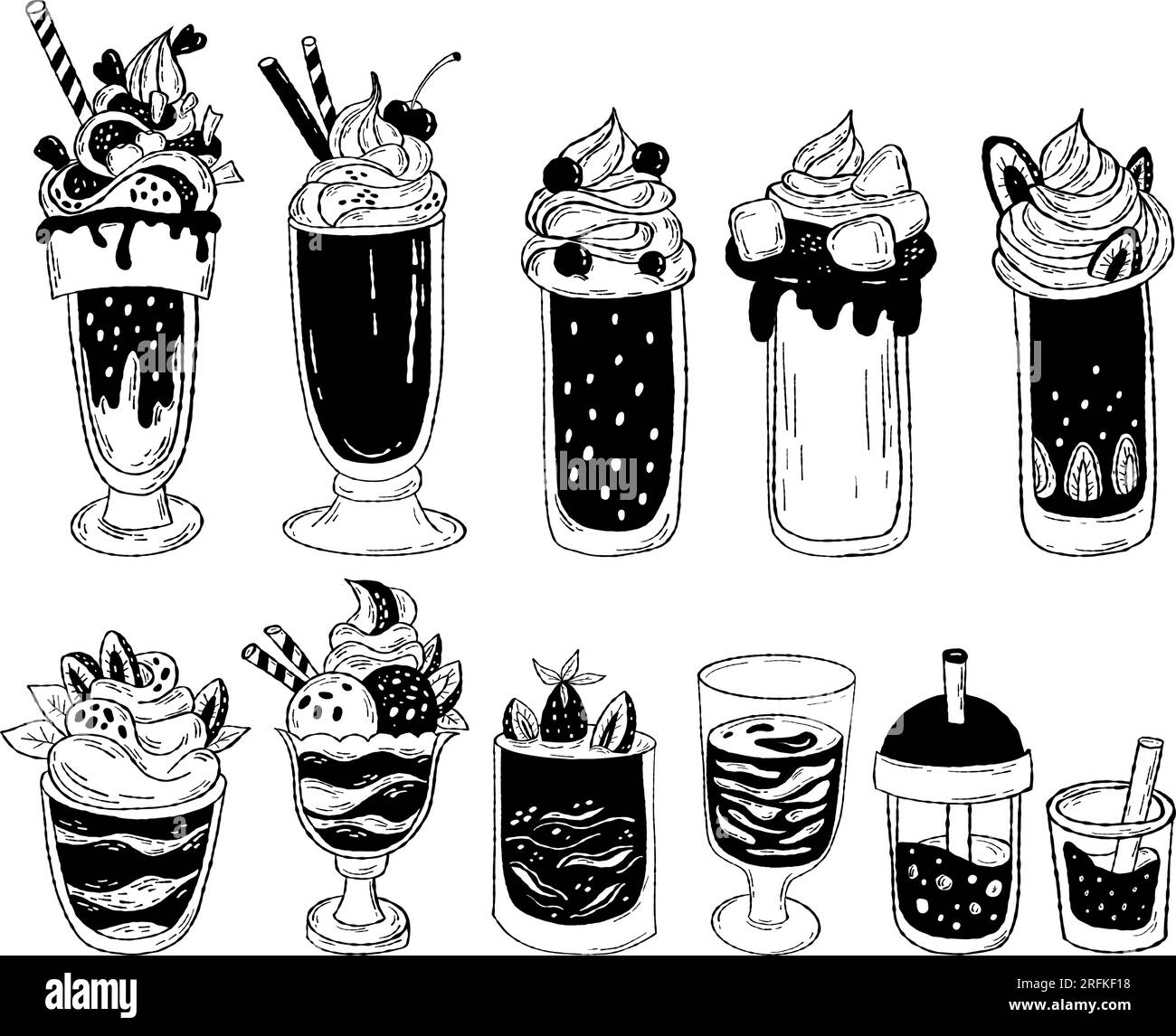 Collection sweet food desserts and cream smoothies in glasses with ...