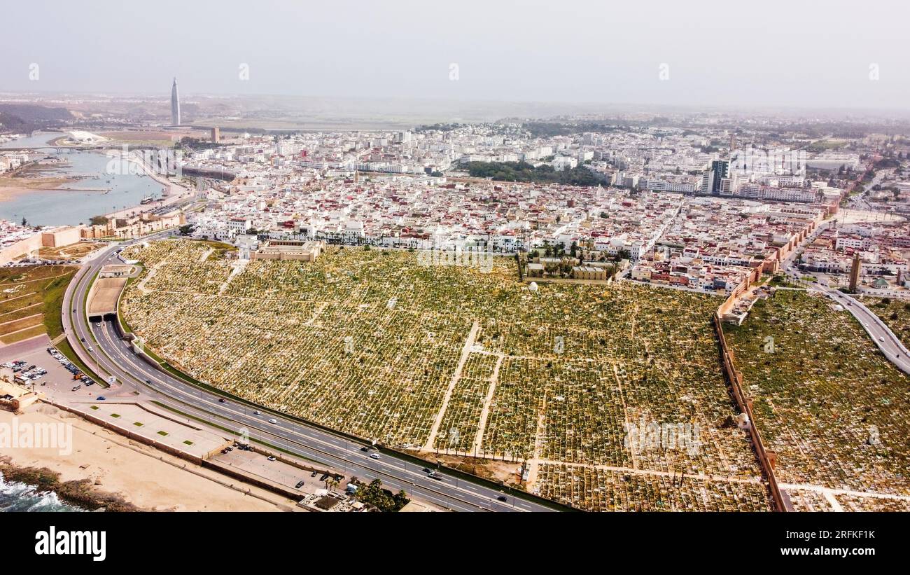Aerial drone view of Rabat, Morocco. Martyr cemetery located on the ...