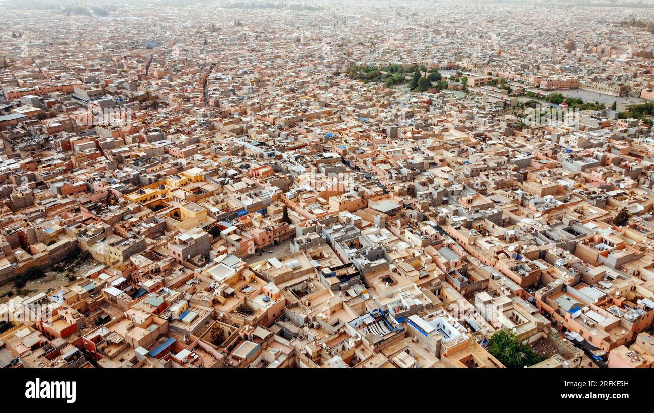 Aerial drone view of Marrakesh, Morocco. View of multiple old ...