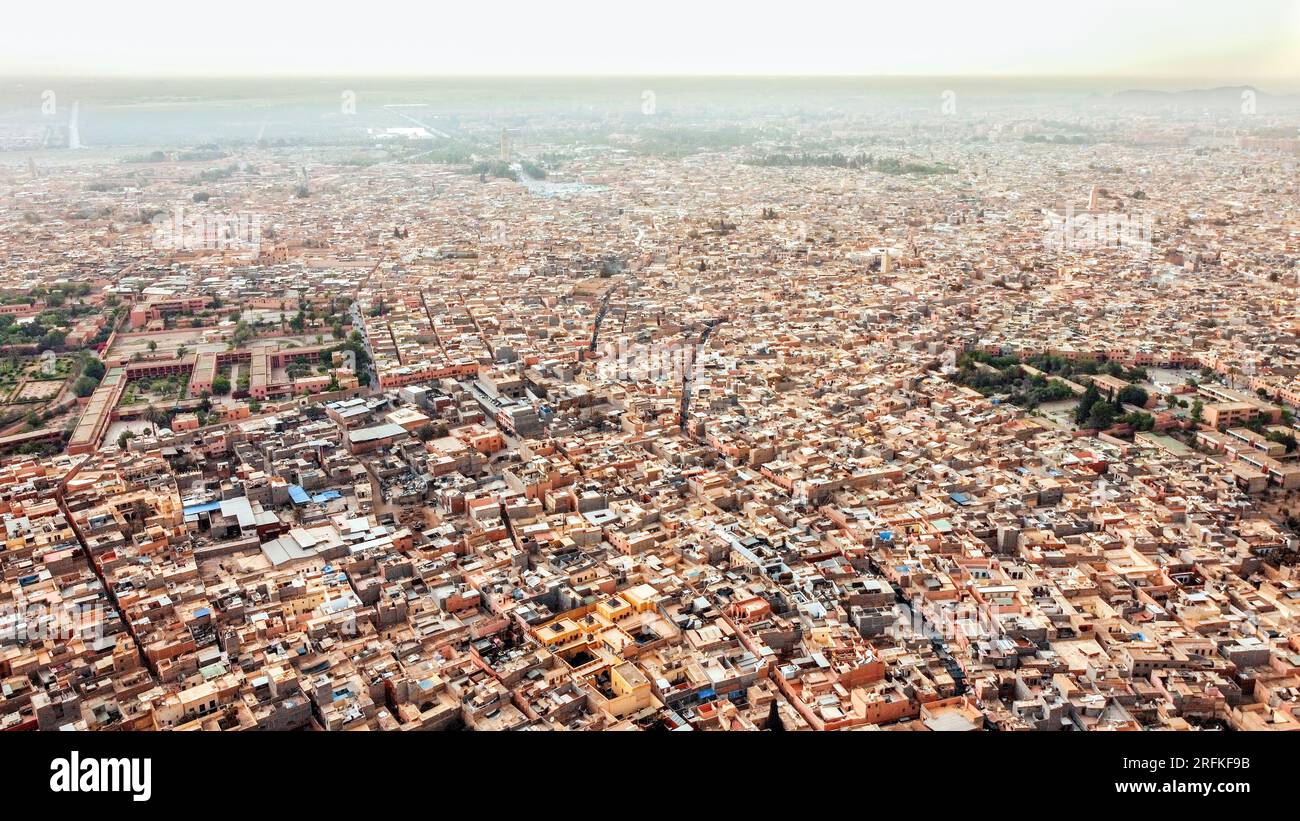 Aerial drone view of Marrakesh, Morocco. View of multiple old ...