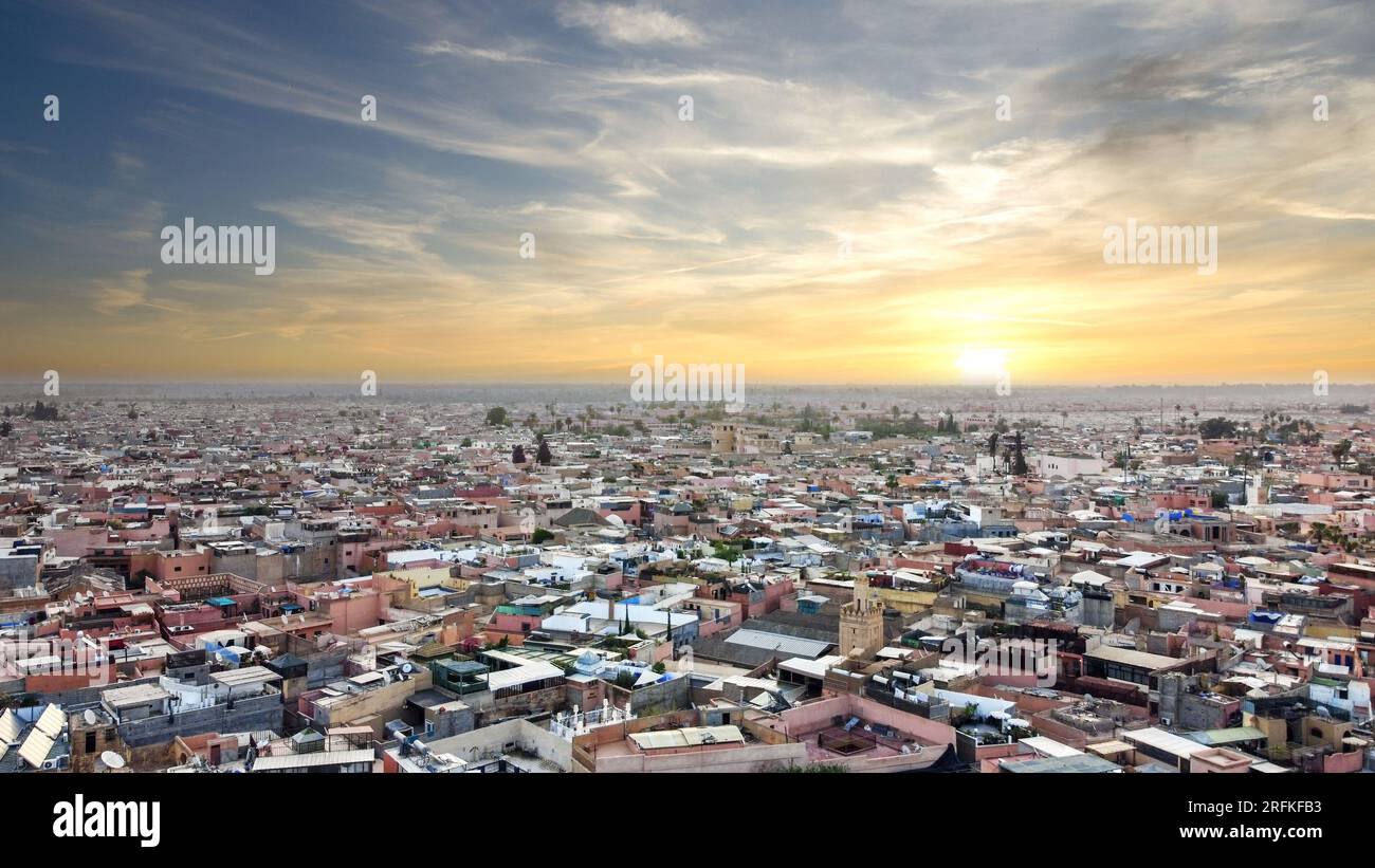 Aerial drone view of Marrakesh, Morocco. View of multiple old ...